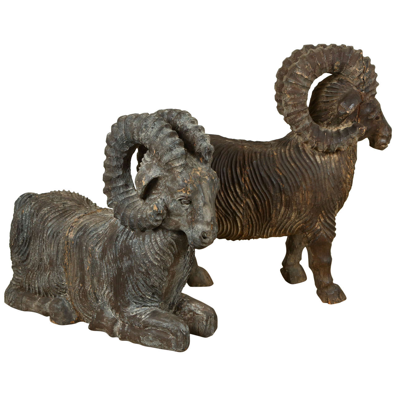 Wonderful Pair of Rustic Carved Wooden Rams at 1stDibs