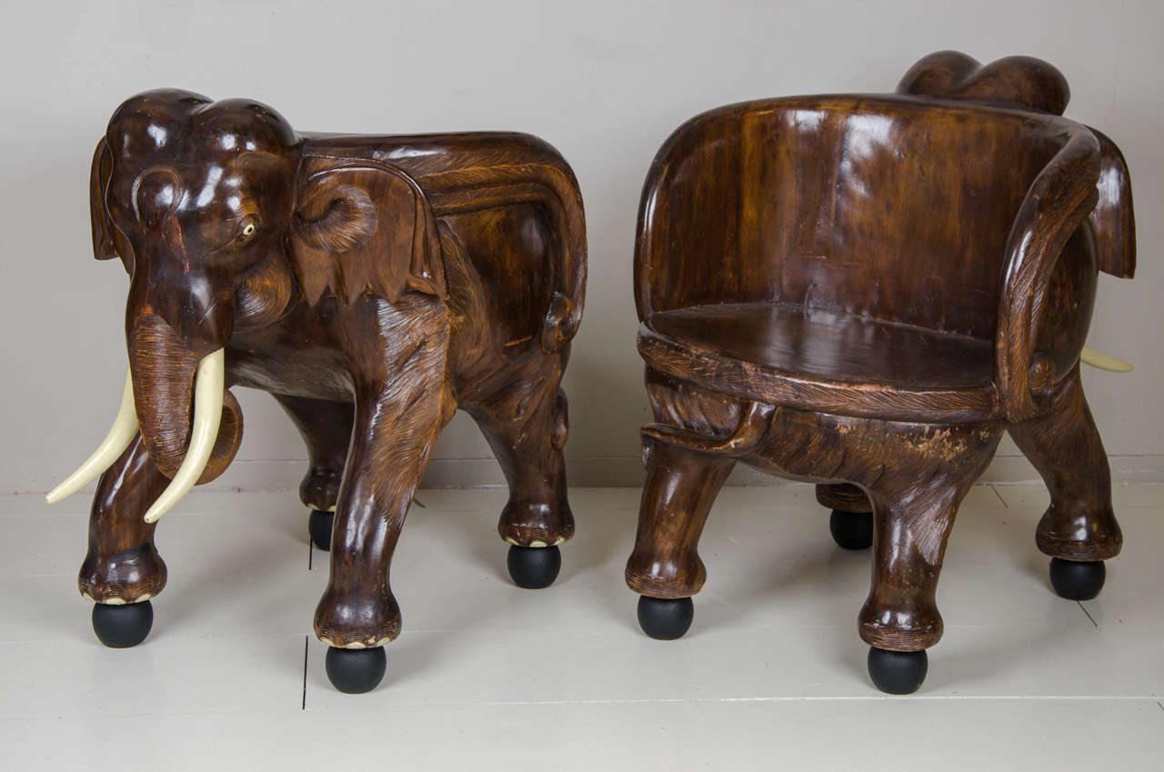 Pair of Extaordinary Hardwood Chairs Carved as Elephants at 1stDibs