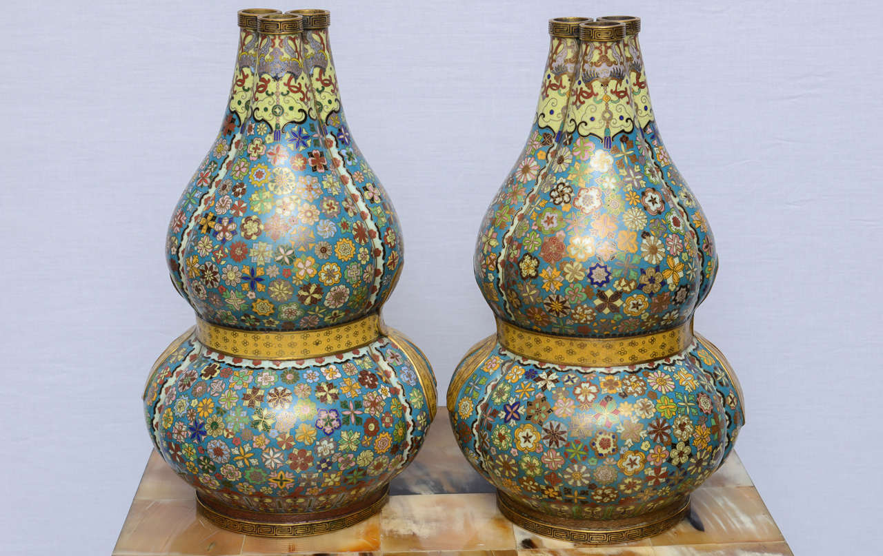 Pair of Antique Chinese Triple Gourd Cloisonne Vase with Qianlong Mark ...
