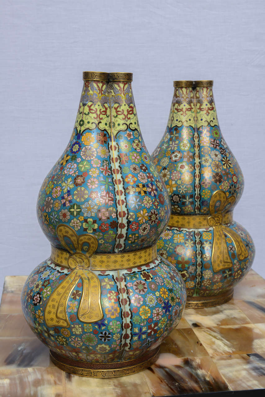 Pair of Antique Chinese Triple Gourd Cloisonne Vase with Qianlong Mark ...