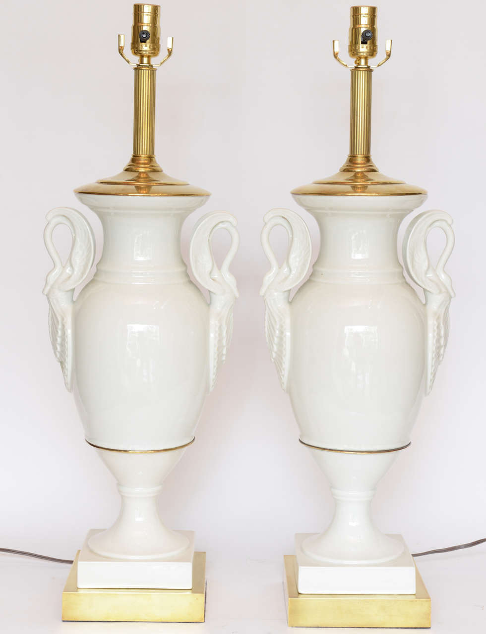 Pair of Swan Porcelain and Brass Lamps at 1stDibs