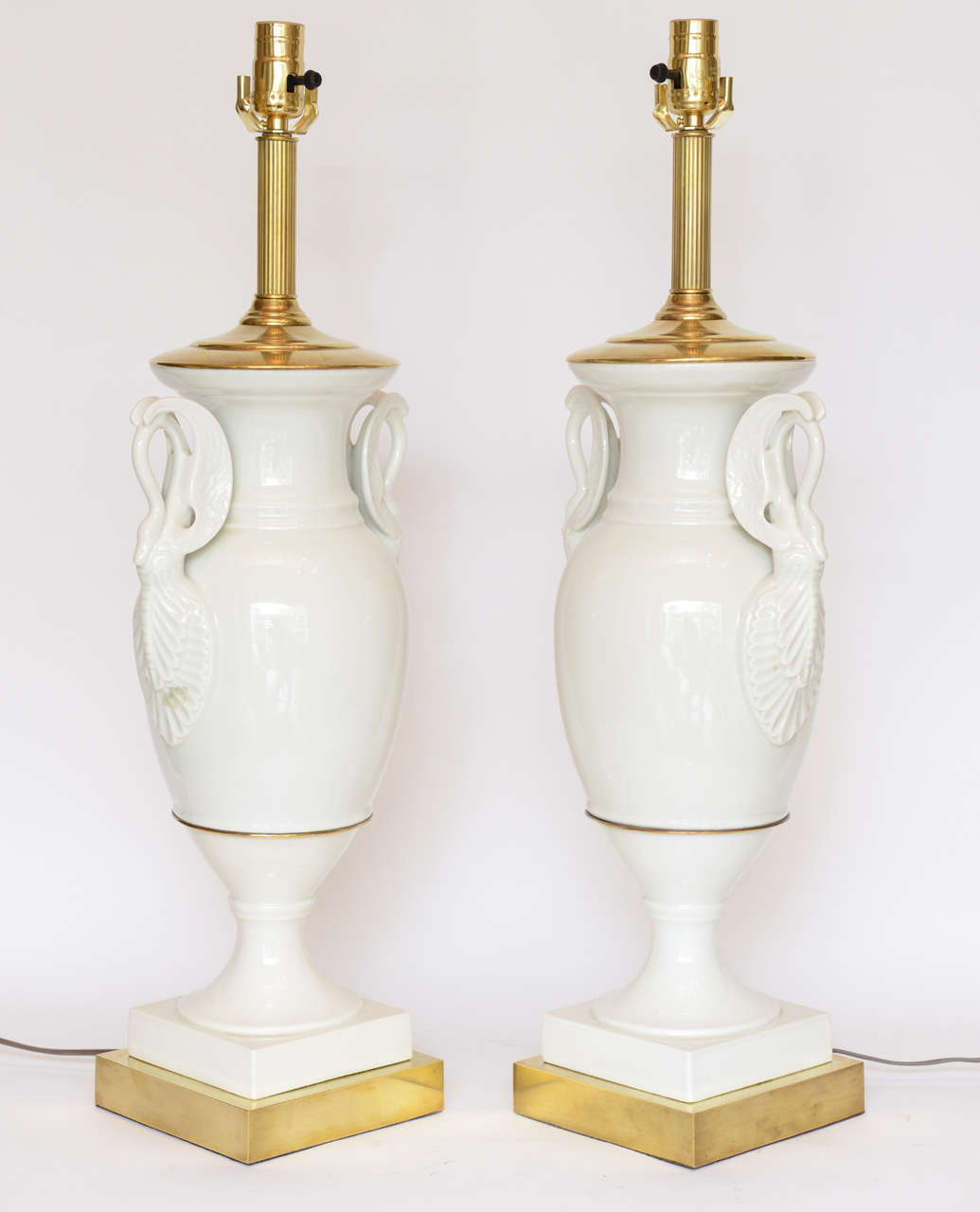 Pair of Swan Porcelain and Brass Lamps at 1stDibs
