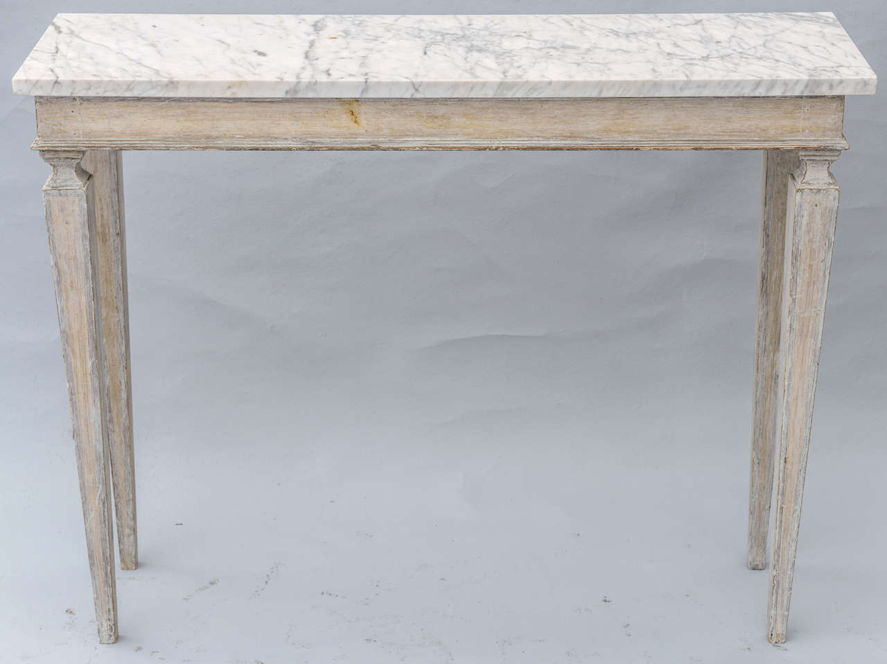 Pair of Narrow Painted Console Tables with Marble Tops at 1stDibs