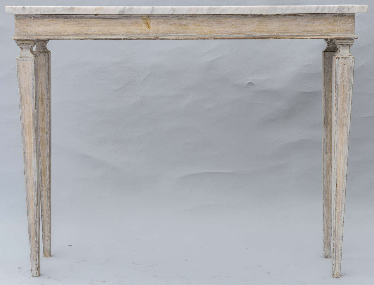 Pair of Narrow Painted Console Tables with Marble Tops at 1stDibs