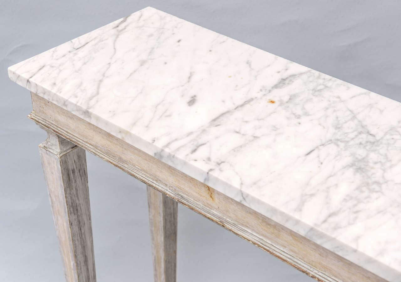 Pair of Narrow Painted Console Tables with Marble Tops at 1stDibs