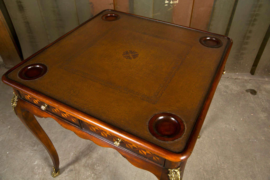 Marquetry and Leather Card Table For Sale at 1stDibs