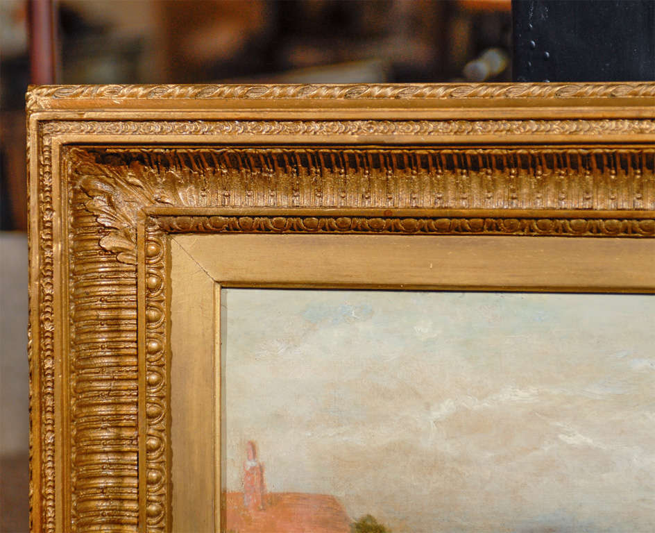 1870 English Signed Oil Painting of Two Children and a Dog Chasing a ...