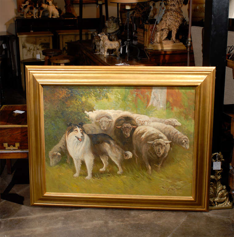 William Henry Drake 1917 Oil on Canvas Painting of Sheep and Dog in ...