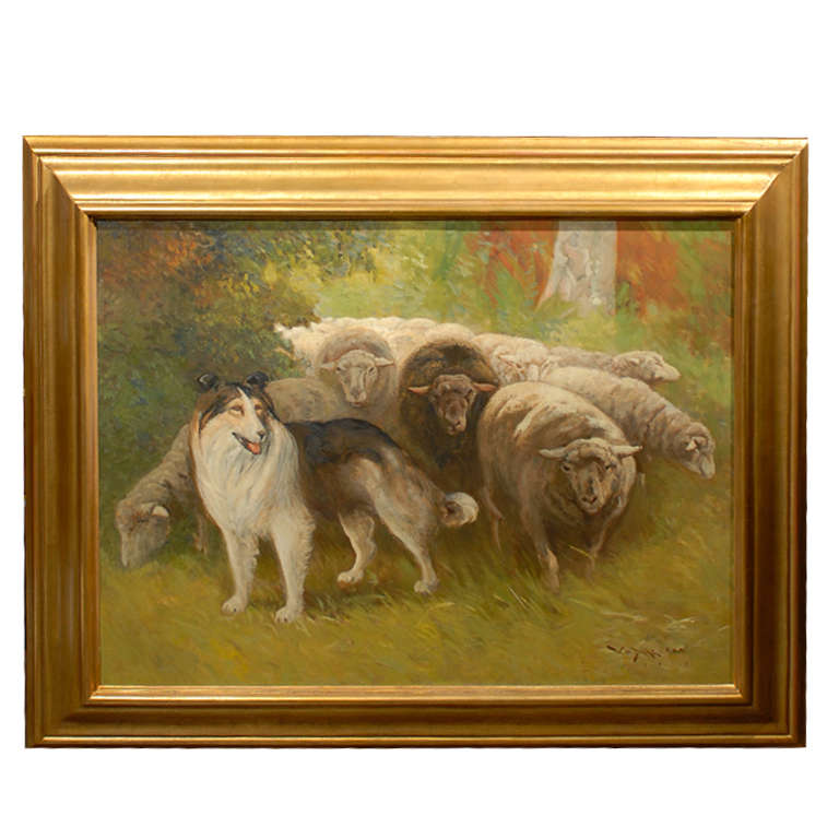 William Henry Drake 1917 Oil on Canvas Painting of Sheep and Dog in ...