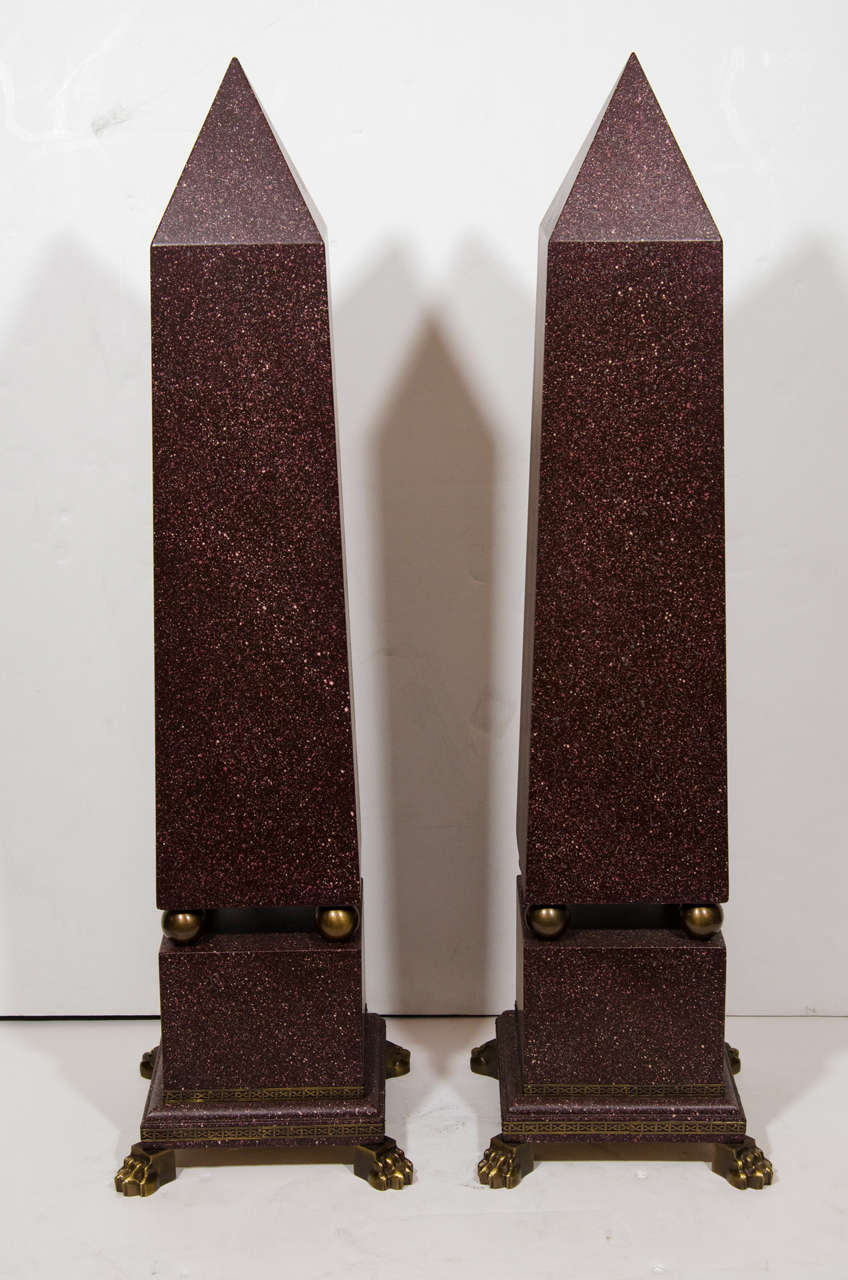 Pair of Large Grand Tour Style Faux Porphyry and Gilt Bronze Obelisks ...