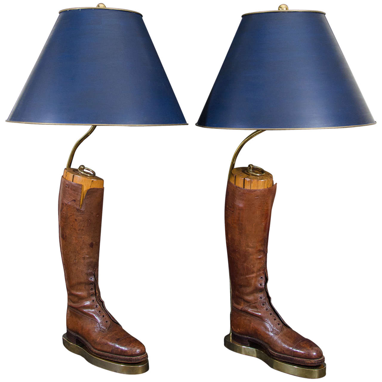 Leather Riding Boot Lamps With Wooden Forms For Sale at 1stDibs