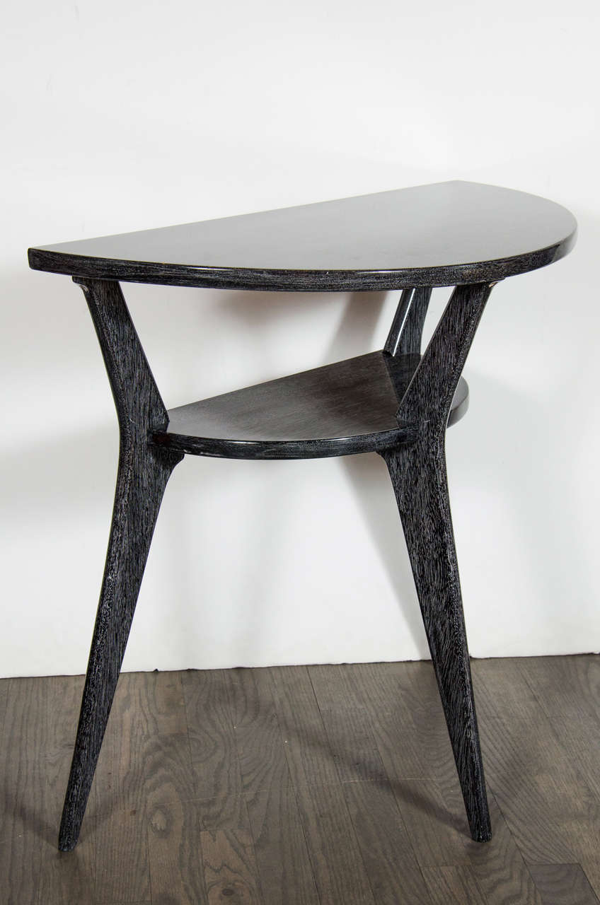 Mid-Century Modernist Splayed Leg, Silver Cerused Demilune Console ...