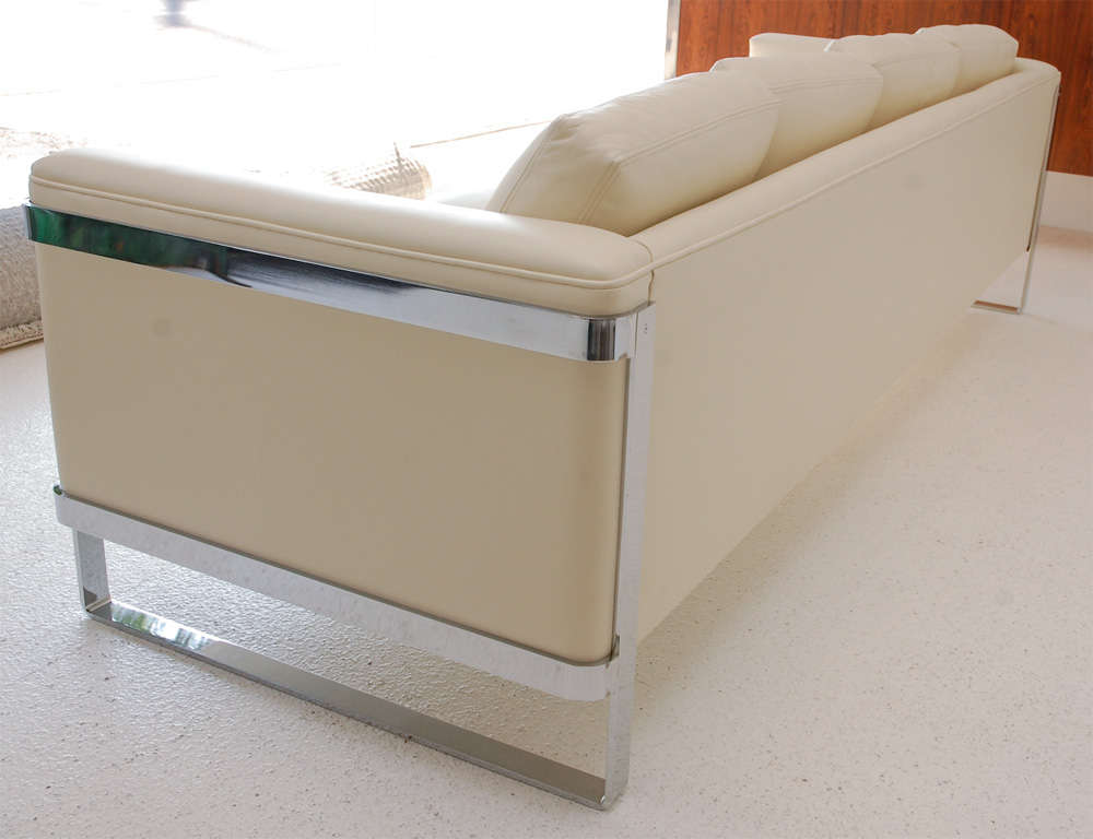 Sleek Polished Stainless Steel and Leather Sofa at 1stDibs