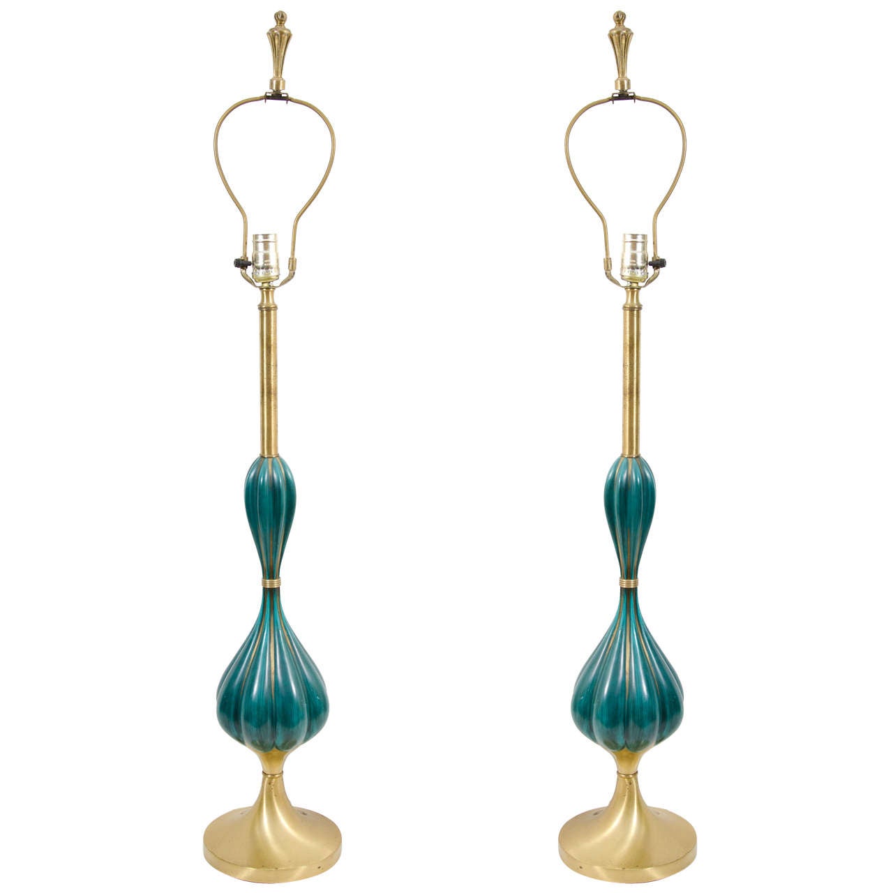 Pair of Turquoise Blue Enameled Brass Lamps at 1stDibs