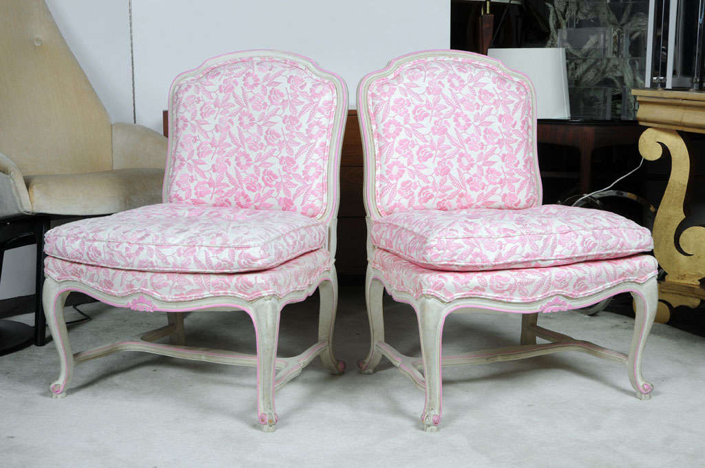 Pink and White Floral Slipper Side Chairs at 1stDibs