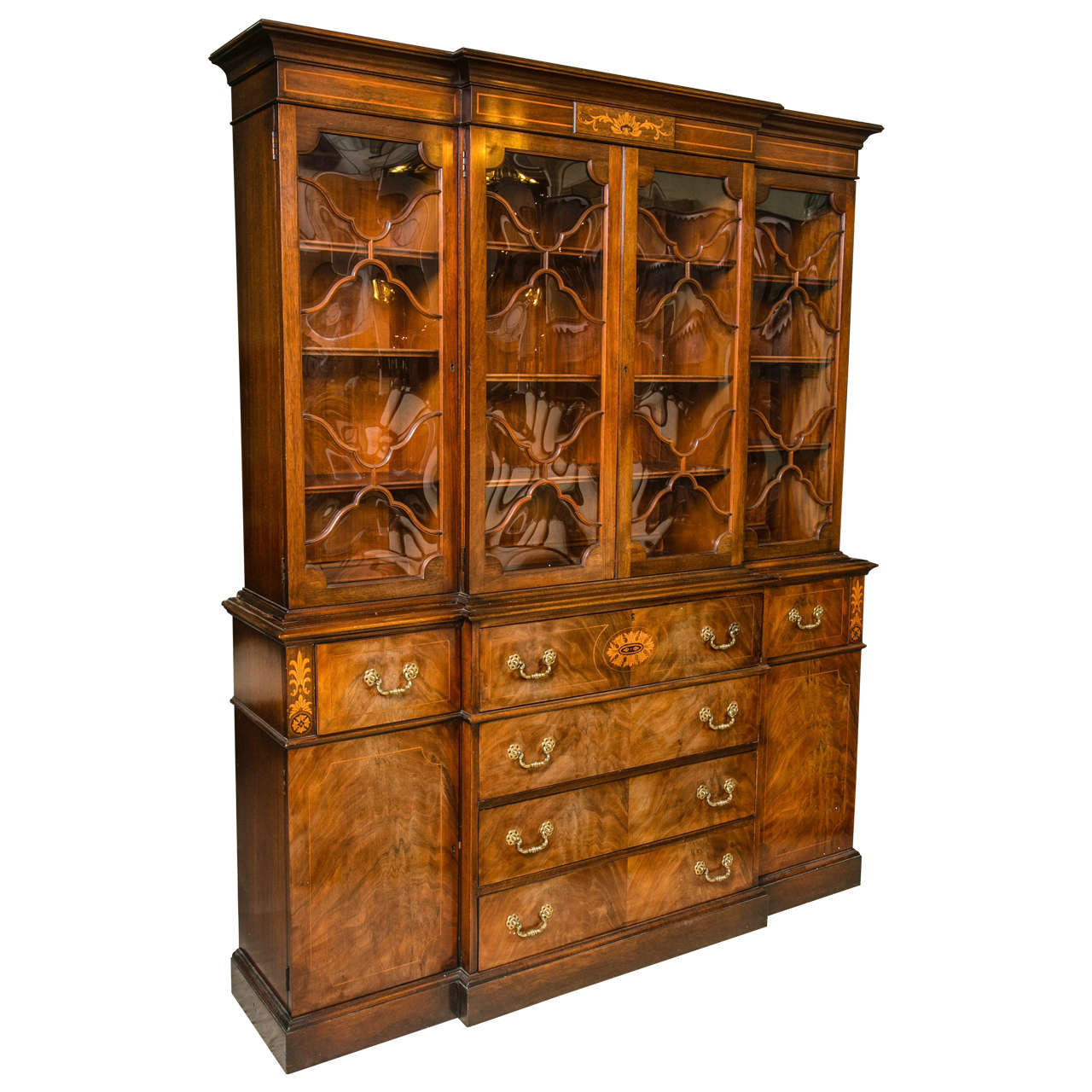 Mahogany Inlaid Two-Piece Breakfront or Bookcase Cabinet at 1stDibs