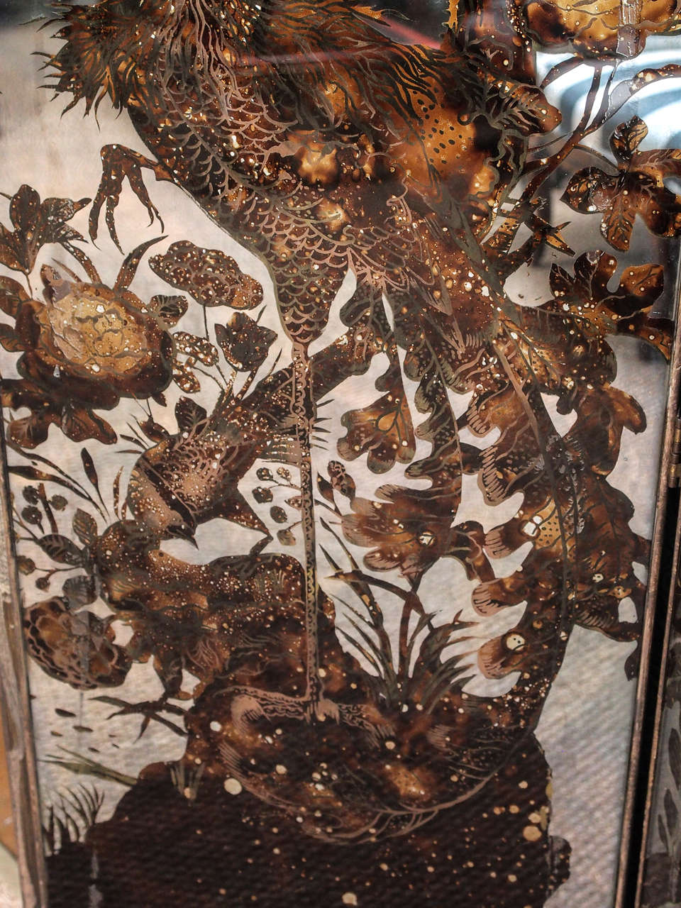 Églomisé Three-Panel Screen with Antiqued Mirror Front and Back at 1stDibs