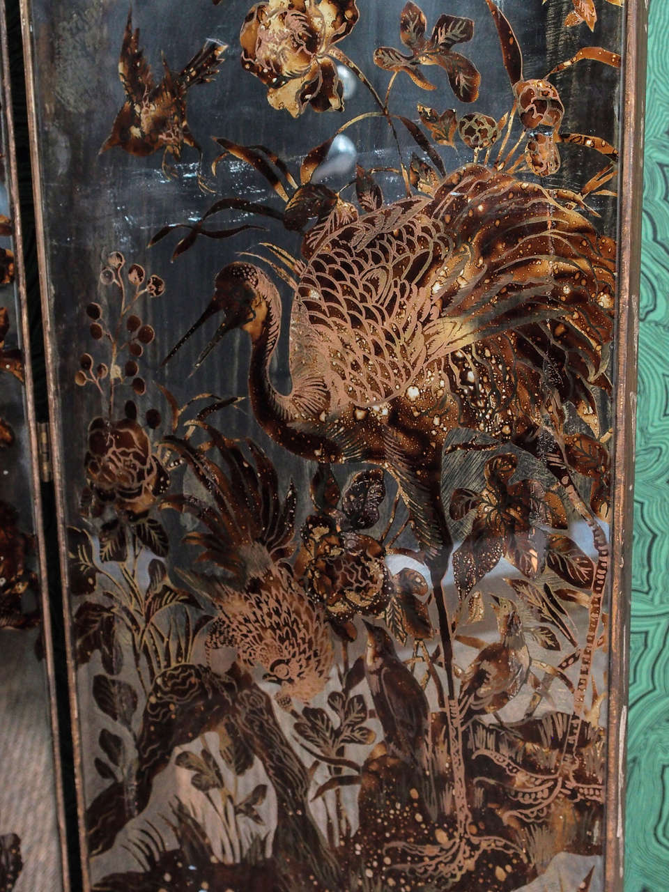 Églomisé Three-Panel Screen with Antiqued Mirror Front and Back at 1stDibs
