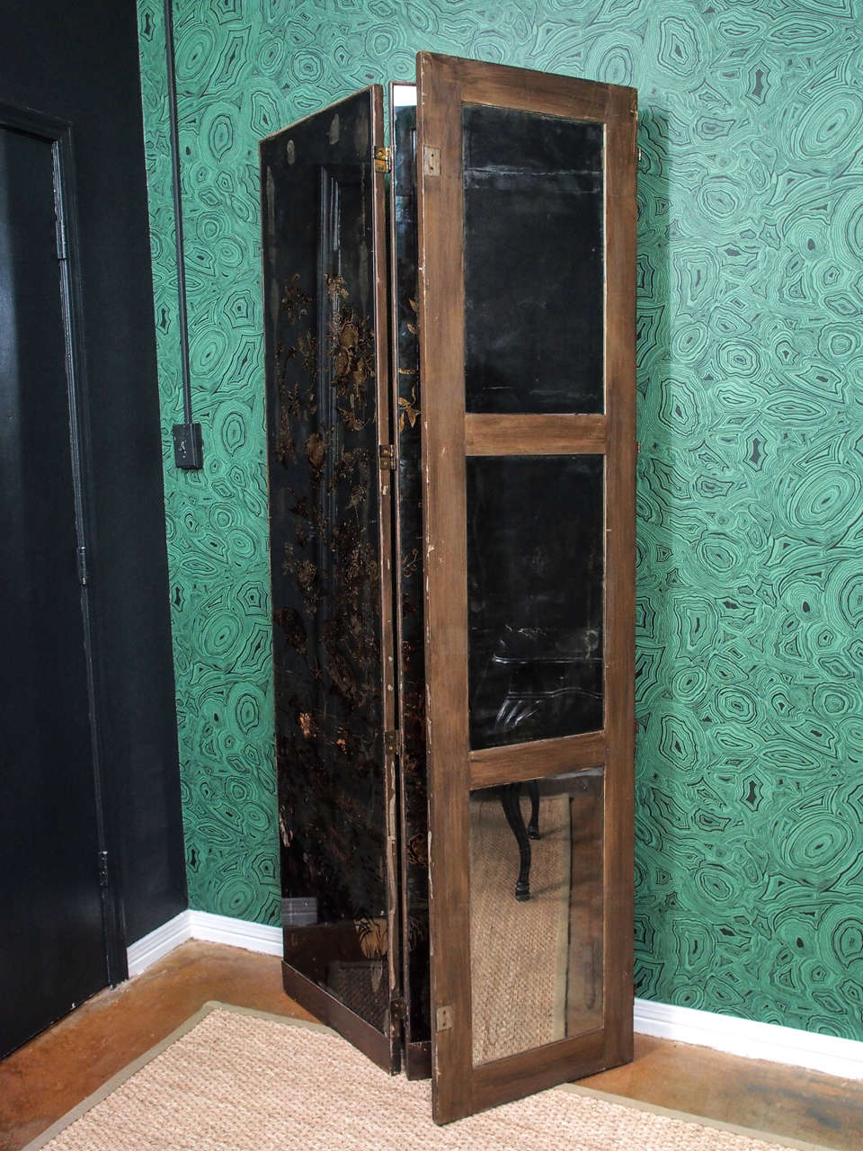 Églomisé Three-Panel Screen with Antiqued Mirror Front and Back at 1stDibs