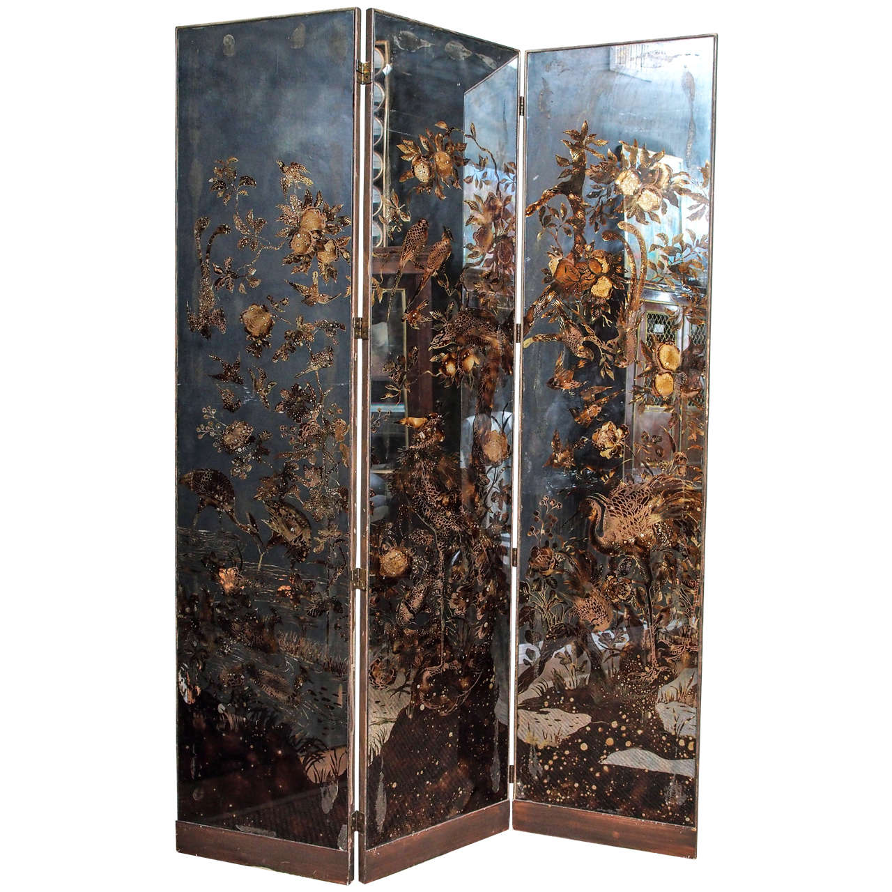 Églomisé Three-Panel Screen with Antiqued Mirror Front and Back at 1stDibs