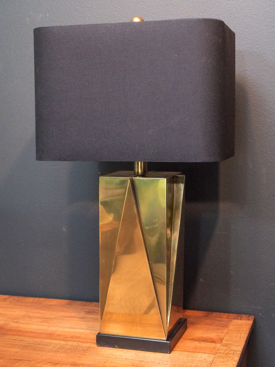 Geometric Brass Lamp, Set on Black Square Base at 1stDibs