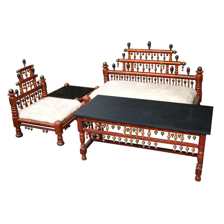 A six (6) piece set of Western India, Polychrome finish seating at 1stDibs