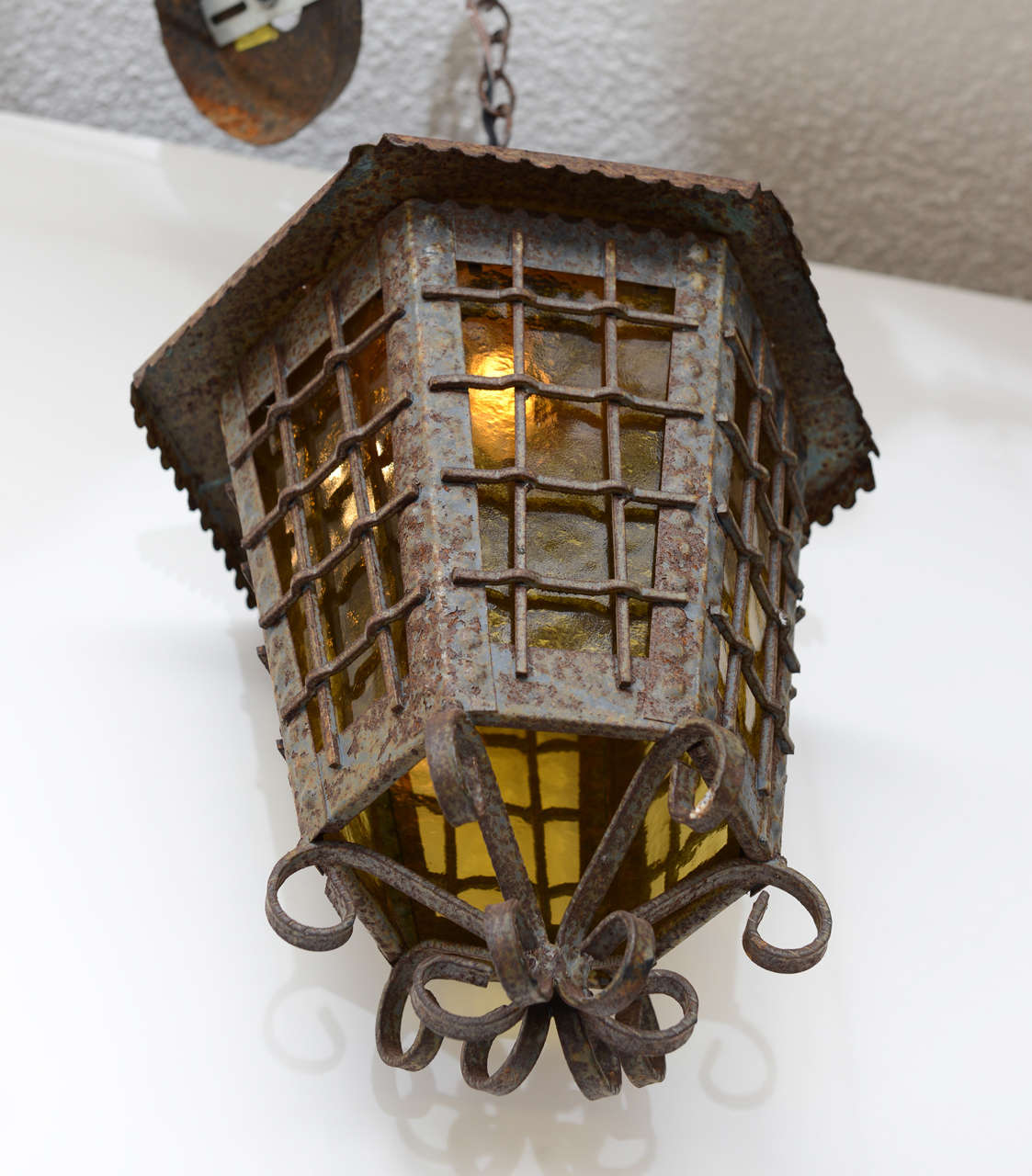 Gothic Style Lantern with Amber Slag Glass, 19th Century at 1stDibs