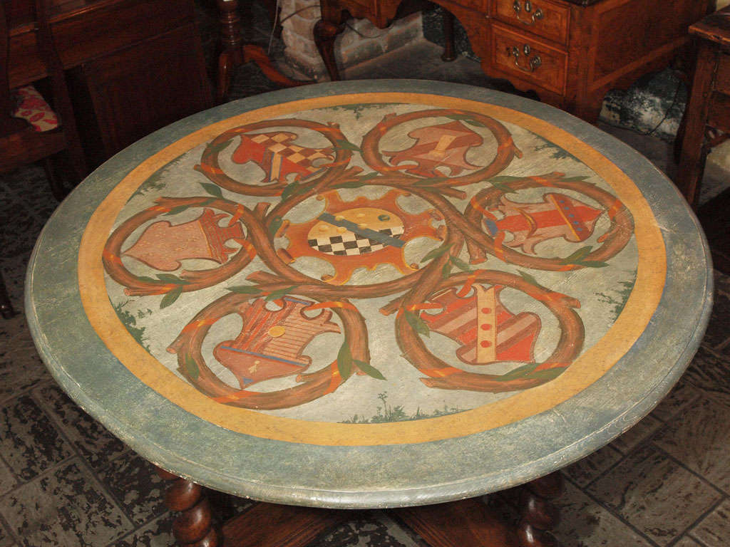 Antique French Walnut Base With Painted Round Table Top at 1stDibs