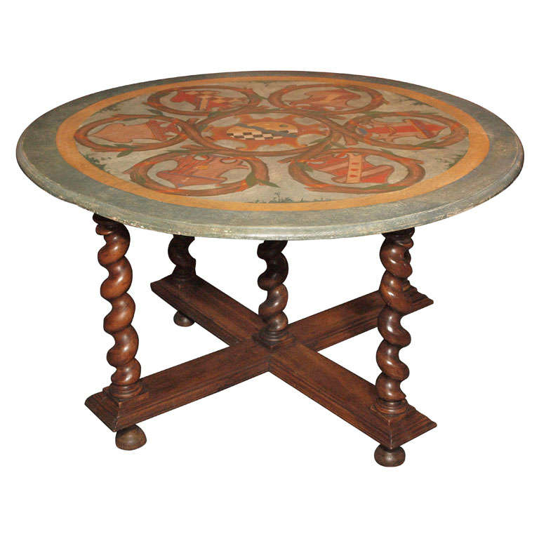 Antique French Walnut Base With Painted Round Table Top at 1stDibs