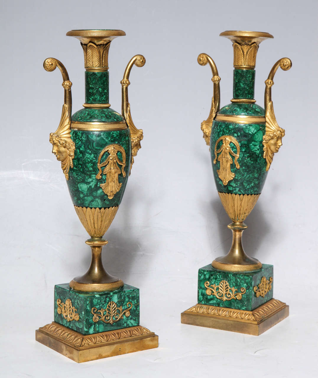 Pair of Neoclassical Empire Period Russian Malachite and Dore Bronze ...