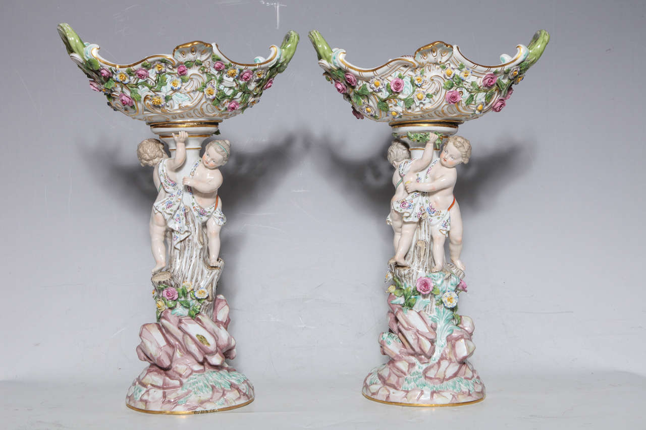 Pair of 19th Century Meissen Porcelain Cupid Centerpieces with Baskets ...