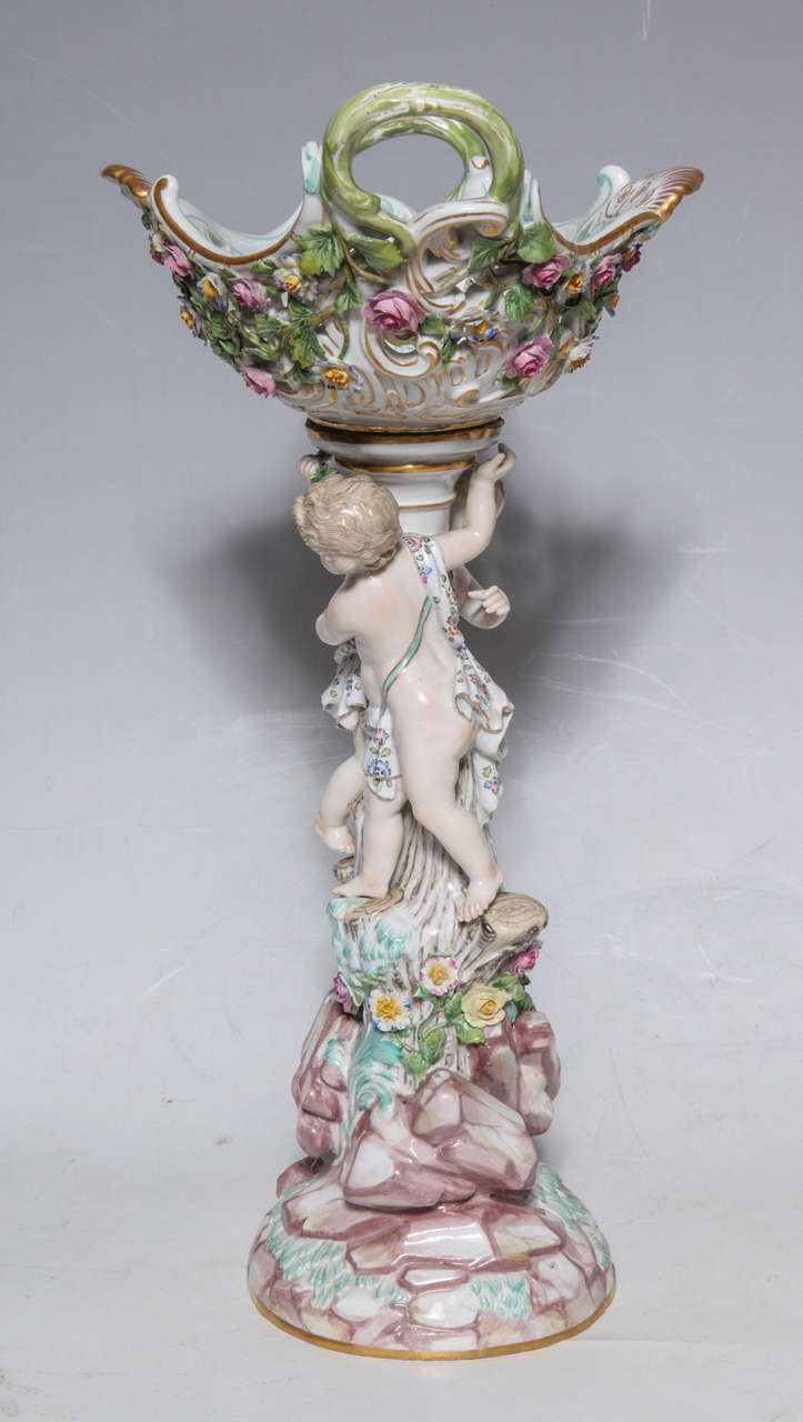 Pair of 19th Century Meissen Porcelain Cupid Centerpieces with Baskets ...