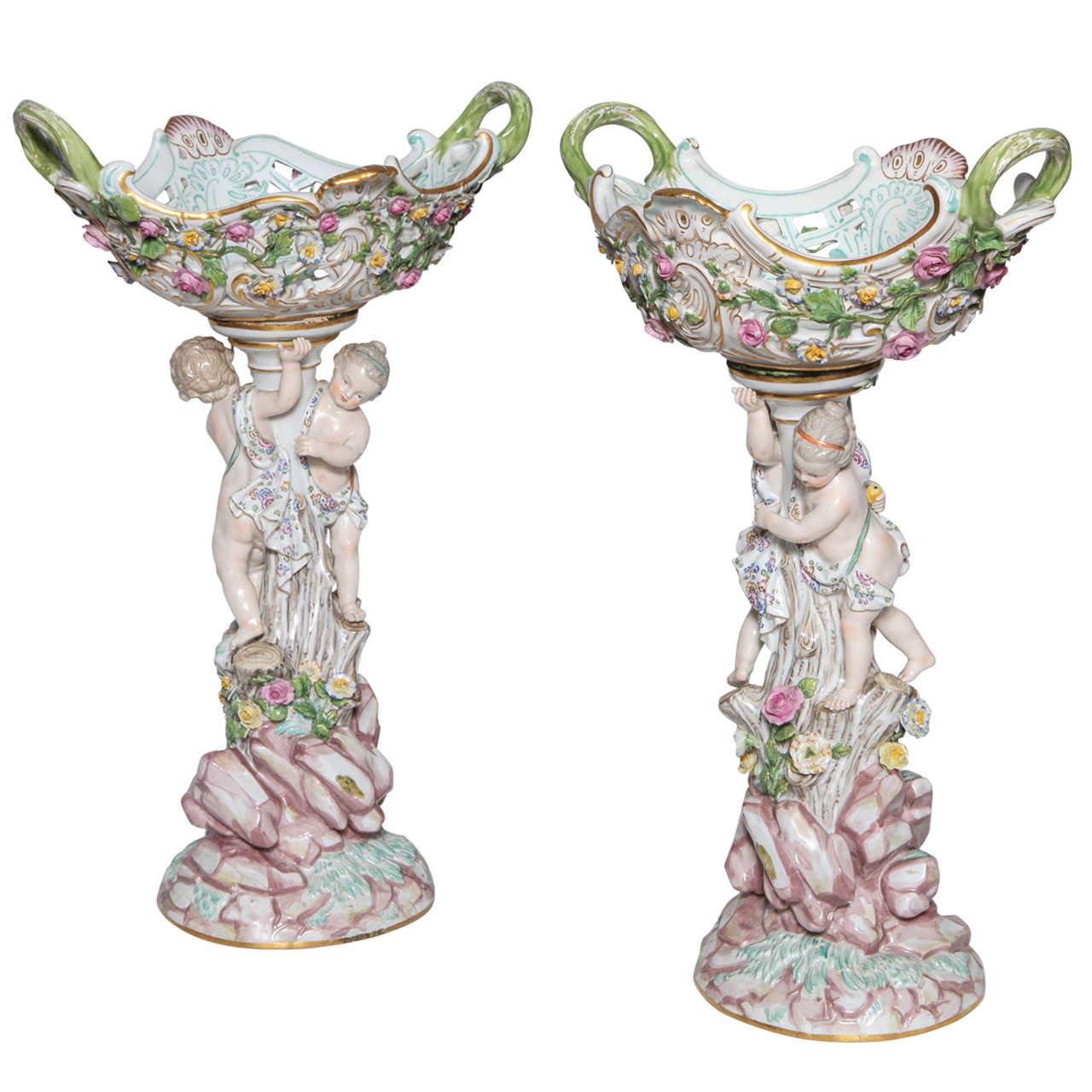 Pair of 19th Century Meissen Porcelain Cupid Centerpieces with Baskets ...
