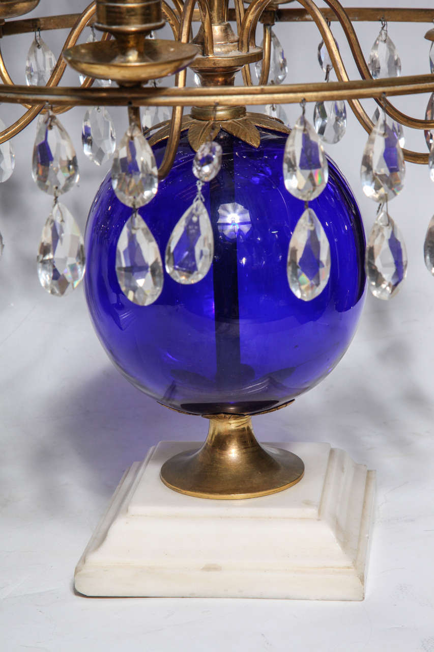 Pair of Russian Neoclassical Cobalt Blue Glass and Bronze, Six-Light ...