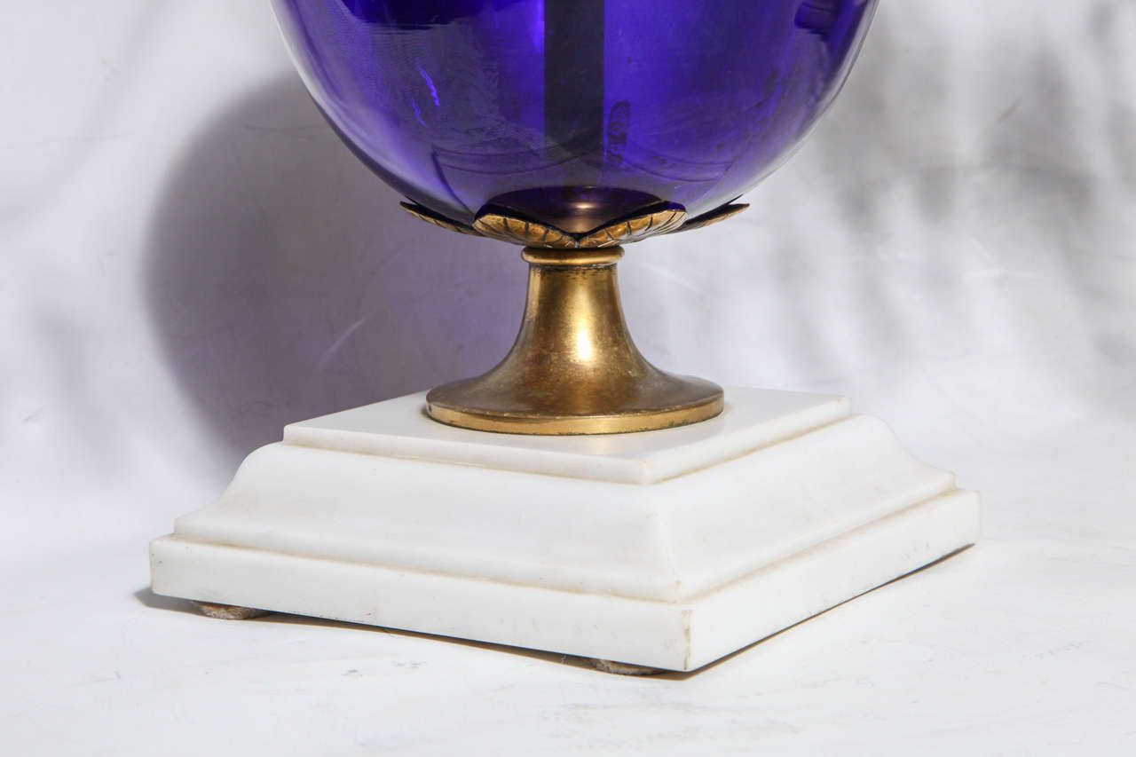 Pair of Russian Neoclassical Cobalt Blue Glass and Bronze, Six-Light ...