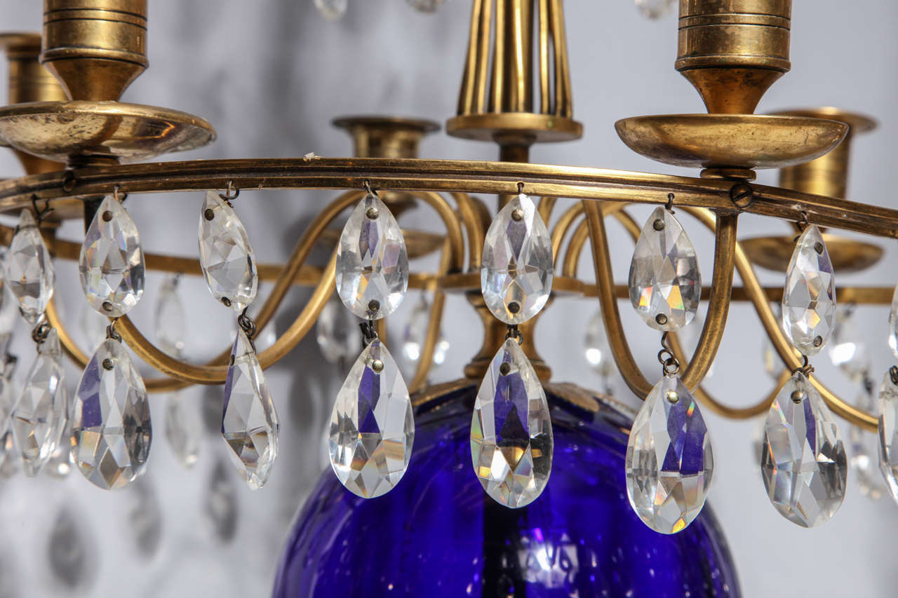 Pair of Russian Neoclassical Cobalt Blue Glass and Bronze, Six-Light ...
