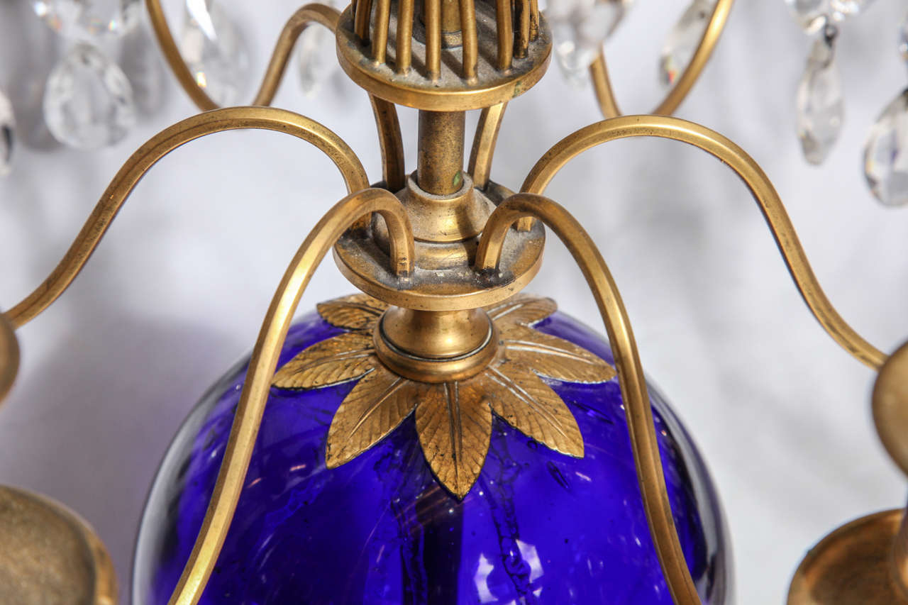 Pair of Russian Neoclassical Cobalt Blue Glass and Bronze, Six-Light ...