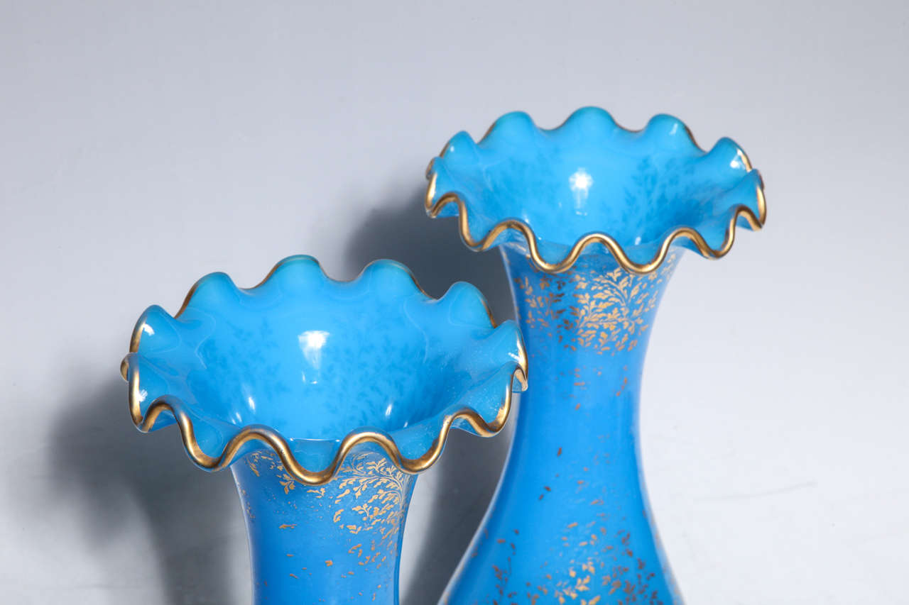 Pair of Baccarat Blue Opaline Crystal Vases with 24-Karat Gold ...