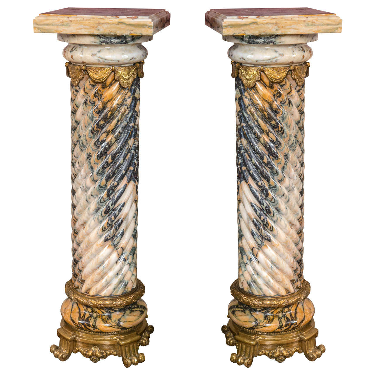 Pair of Palatial Bronze Mounted Twisted Marble Pedestals With Marble ...