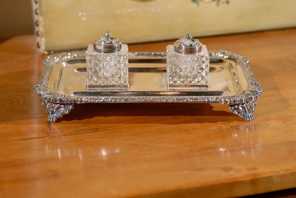 English Victorian Period 1890s Stamped Silver Inkstand with Crystal ...