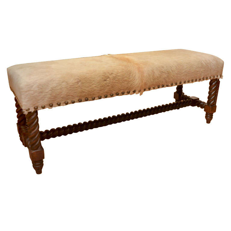 Oak Barley Twist Bench with Brindle Hide at 1stDibs