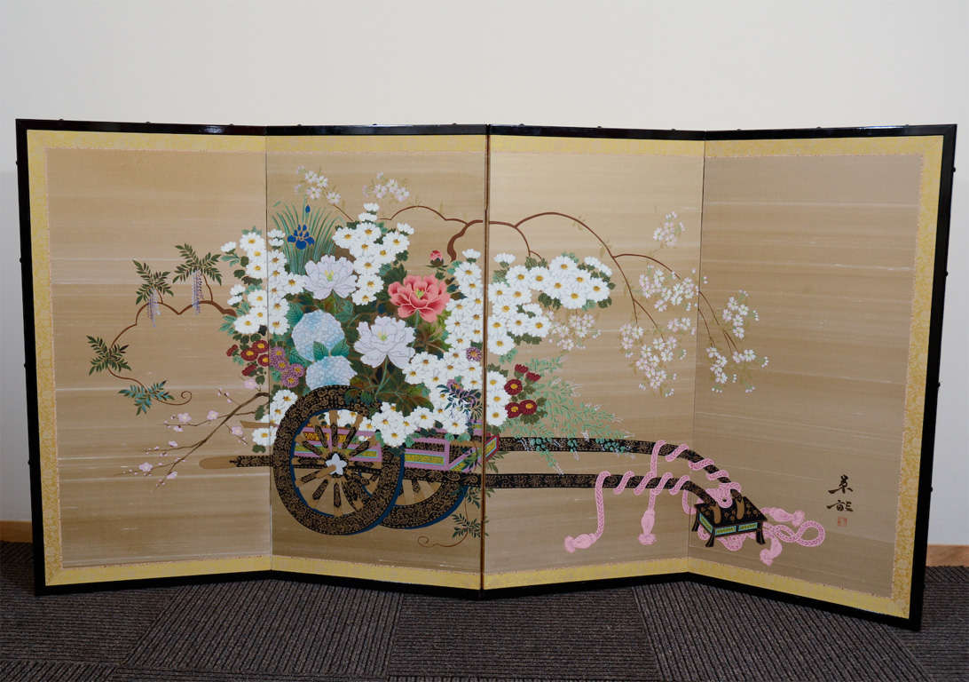 Vintage Japanese "Flower Cart" Folding Screen For Sale at 1stDibs ...
