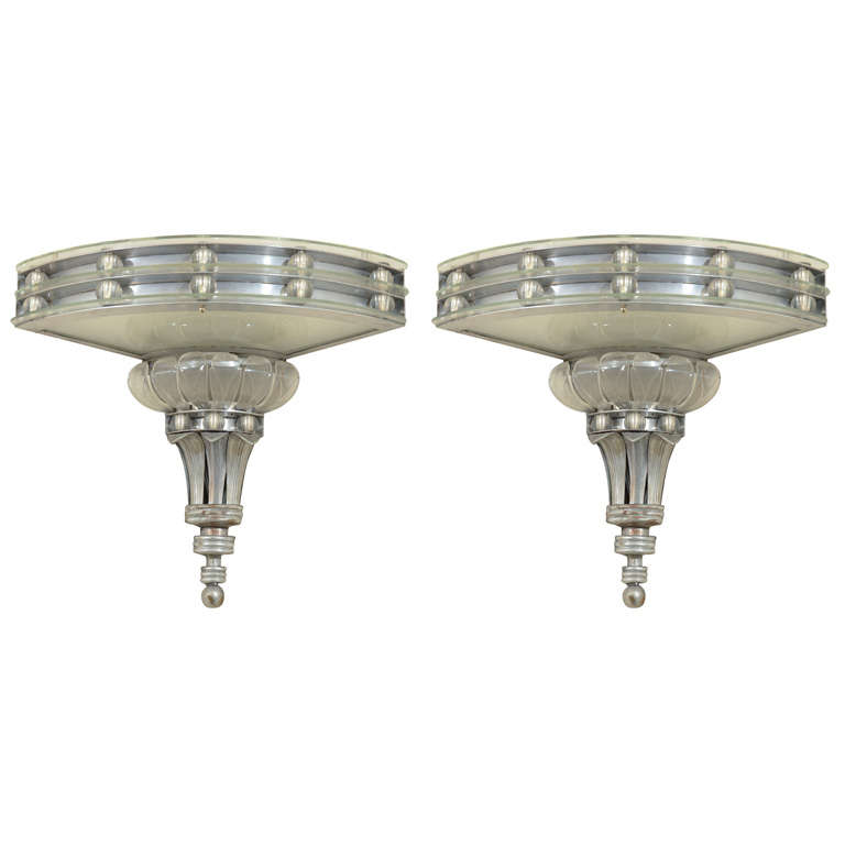 Pair of Art Deco Corner Sconces with Glass Detailing at 1stdibs