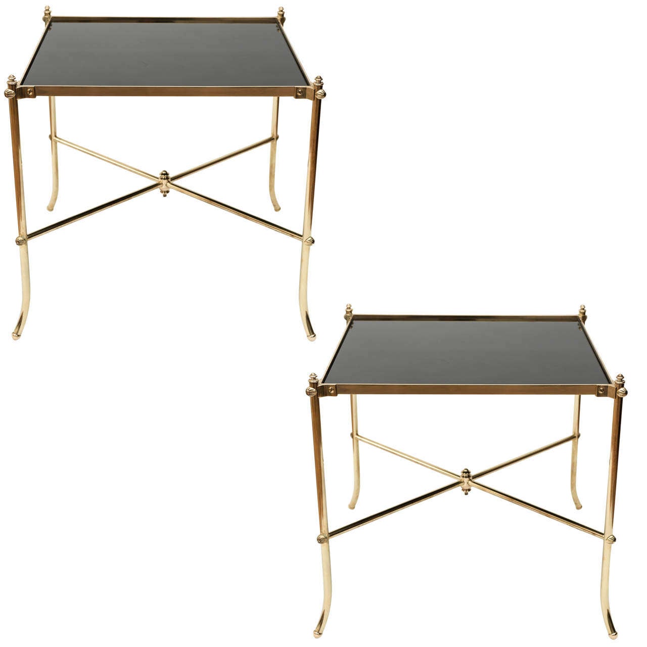 Pair of Brass End Tables With Black Glass at 1stDibs