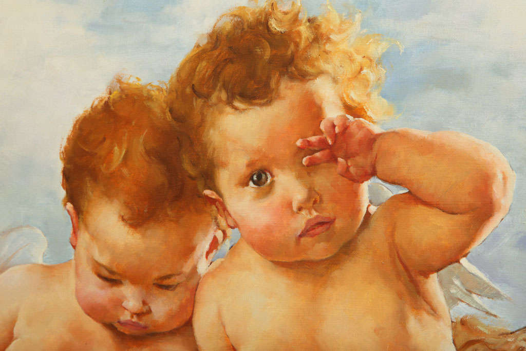 Adorable Cherub Oil Painting in the Style of Bougereau at 1stDibs | cherub oil paintings
