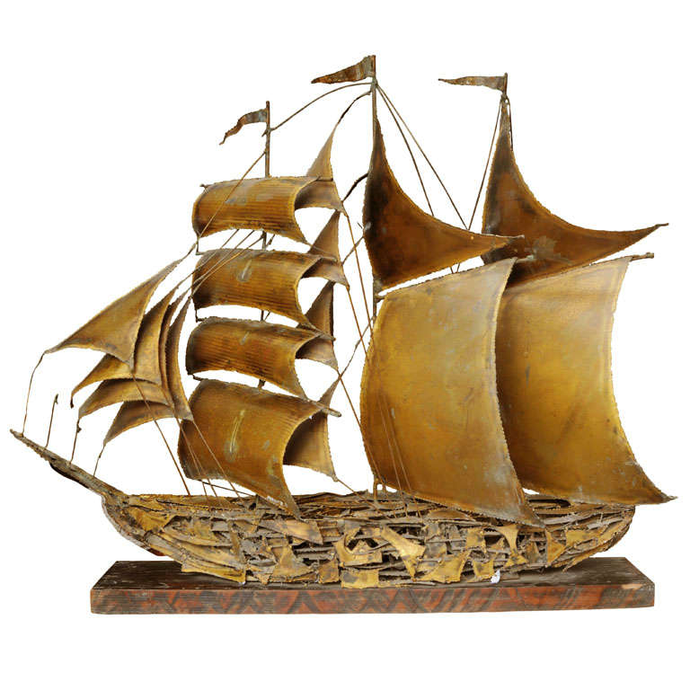 Brass 1970's Brutalist Metal Ship at 1stDibs