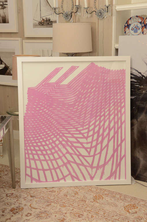 Custom Designed Pink Geometric Print in White Lacquer Frame at 1stDibs