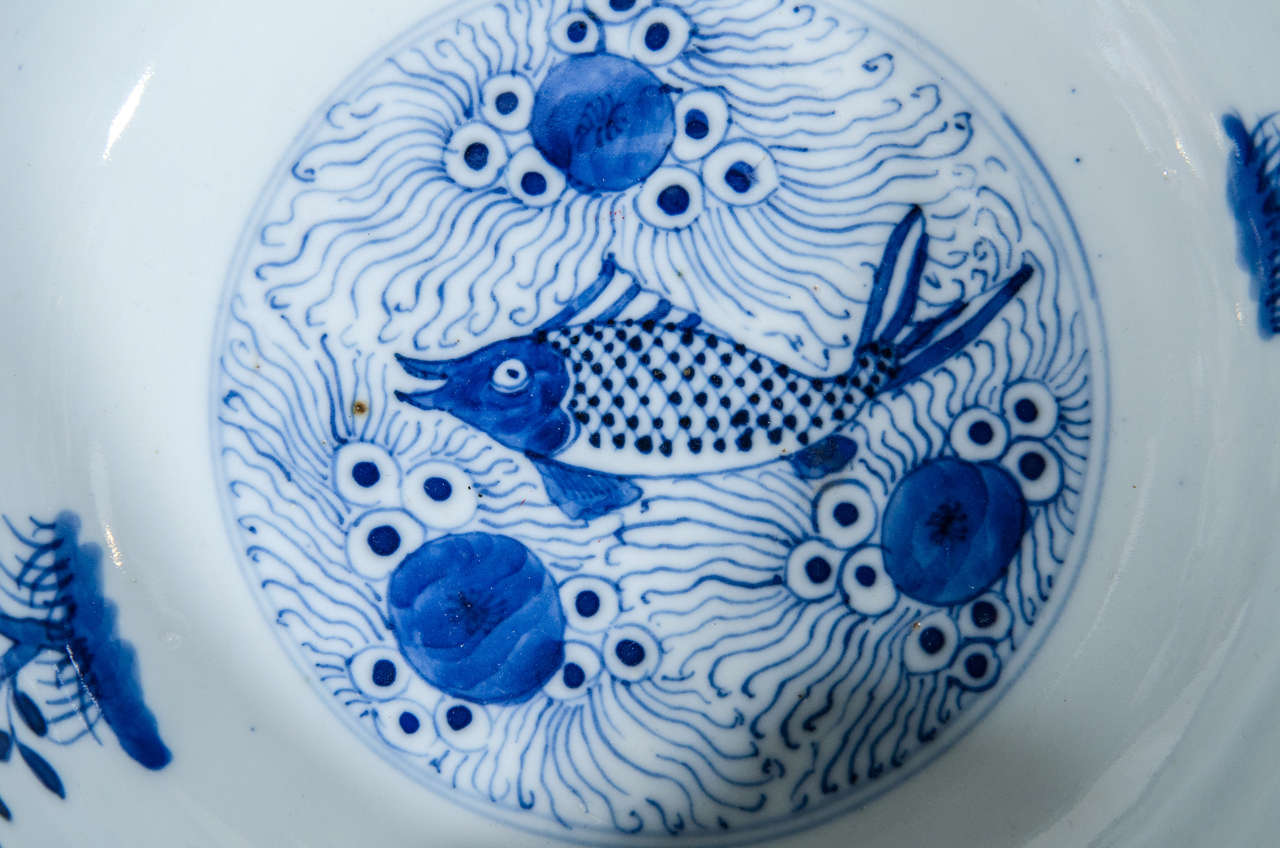 Chinese Blue and White Bowl with Fish at 1stDibs