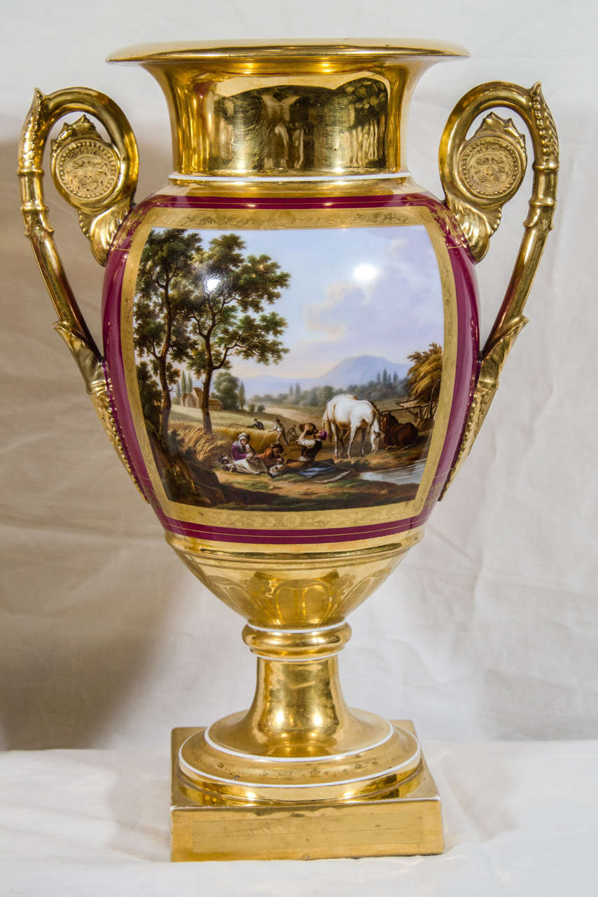 Pair Antique French Porcelain Vases with Hand-Painted Landscape Scenes ...