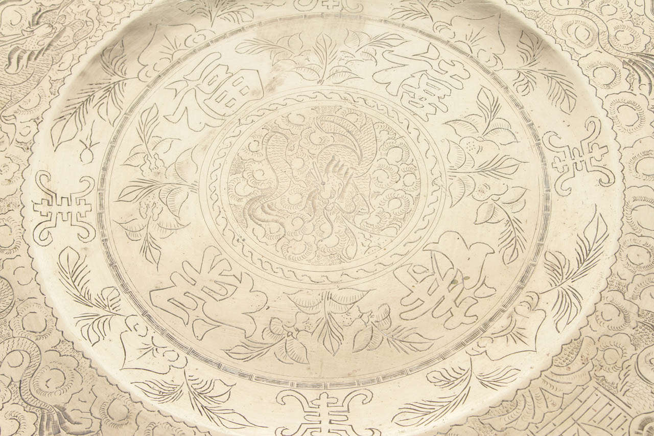 Chinese Hand-Carved Brass Tray on Folding Wooden Base For Sale at ...